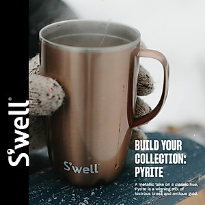 S'well Mug with Handle, Pyrite, 350ml. Vacuum Insulated Stainless Steel Travel Mug with Handle, On-The-Go Travel Cup with Slide-Open Lid - Dishwasher Safe