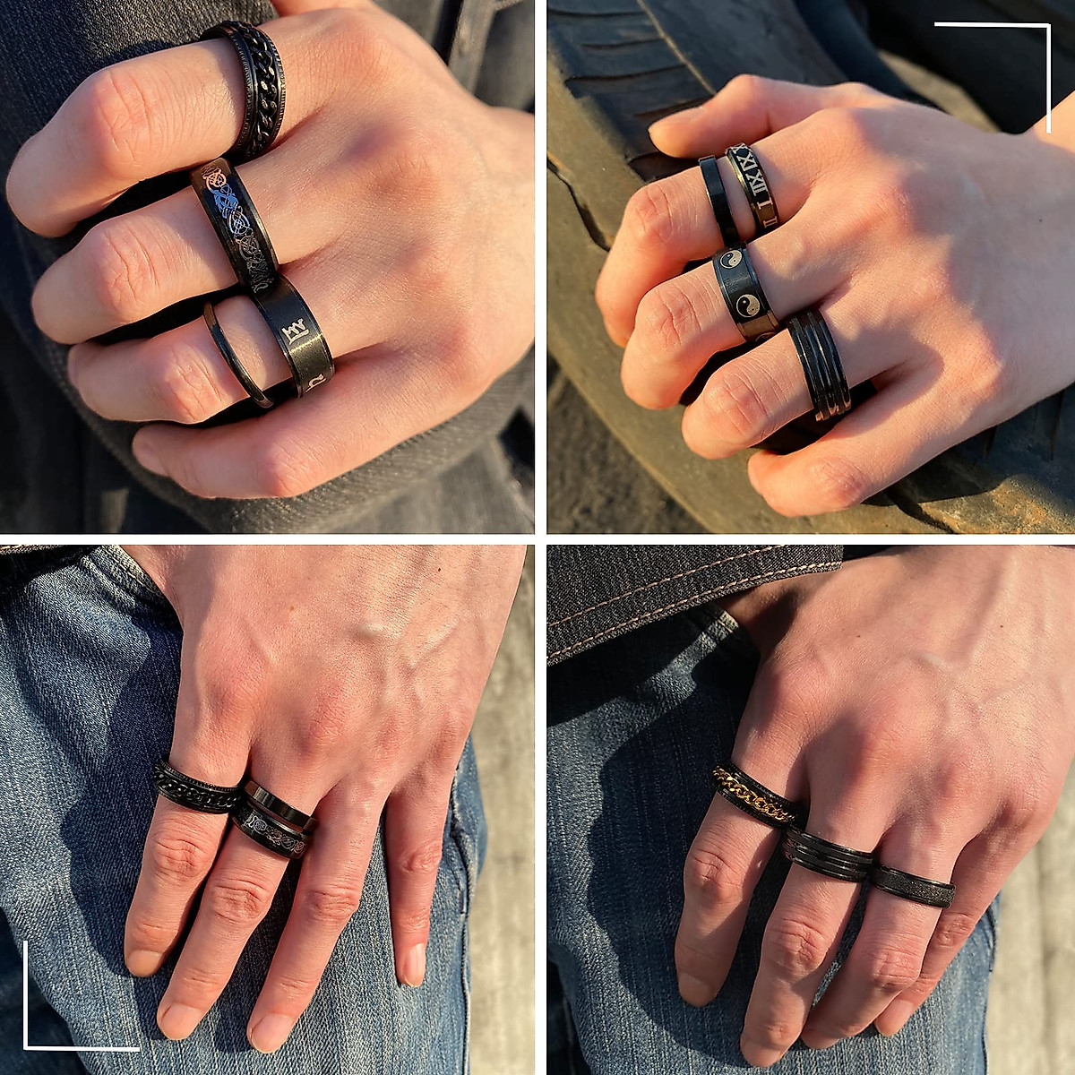 Black Stainless Steel Rings for Men, Fashion Wedding Promise Male Band Rings Set, Simple Cool Spinner Anxiety Rings Pack for Men Women Size 6-11. (1-16 Pcs Black, 9)