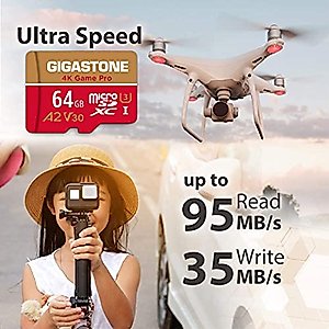 [5-Yrs Free Data Recovery] Gigastone 64GB 2-Pack Micro SD Card, 4K Game Pro, MicroSDXC Memory Card for Nintendo-Switch, GoPro, Security Camera, DJI, UHD Video, R/W up to 95/35MB/s, UHS-I U3 A2 V30 C10