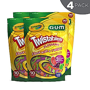 GUM Crayola Twistables Kids Flossers with Fluoride - Designed for Little Hands - Three Fun Fruit Flavors - Easy to Use Kids Floss Picks for Children Ages 3+, 90 ct (4pk)