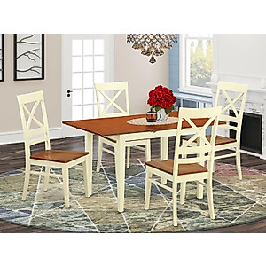 East West Furniture NOQU5-WHI-W 5 Piece Dining Set Includes a Rectangle Dining Room Table with Butterfly Leaf and 4 Wood Seat Chairs, 32x54 Inch, Buttermilk & Cherry