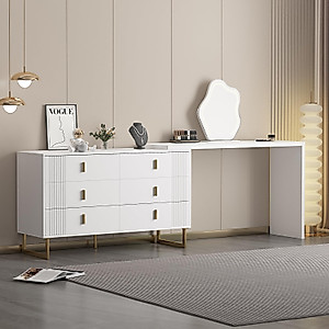 Messenya White Vanity Makeup Mirror Desk with 3-Color Touch Screen Illuminated Lights, Girls vanities Set Table with 6 Drawers and Mirror, Tocador de Maquillaje para Mujer, Dressing Table (S-102)