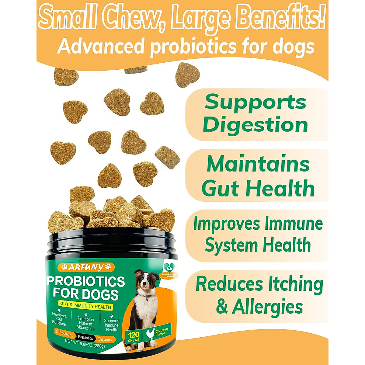 Probiotics Chews for Dogs with Prebiotic & Digestive Enzymes,Support Gut Health, Digestion, Immunity, Relief Seasonal Allergies, Diarrhea, Constipation (Chicken Flavor / 120 Chews)