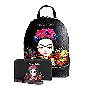 Frida Kahlo Cartoon Licensed Cute Backpack and Wallet Set (Black/Black)