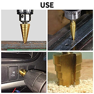Step Drill Bit Set for Metal, 1/4inch High Speed Steel Titanium Coated Metric Straight Groove Step Drill Bits Set with Automatic Spring Loaded Center Punch Power Tools
