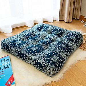 SHAREMILY Square Floor Cushion Cotton Linen Floor Pillow Solid Tufted Meditation Yoga Tatami Seating Cushion for Living Room Balcony Bay Window Bedroom Garden Party, 23x23 Inch, Blue Futon