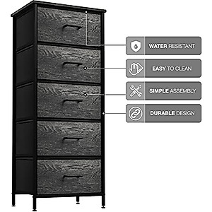 Sorbus Tall Fabric Storage Dresser - Stand Up Tower of 5 Drawers with Steel Frame, Wood Top, & Faux Wood Fabric - Great for Bedroom, Dorm, Closet, Living Room, Entryway - Narrow Nightstand Organizer