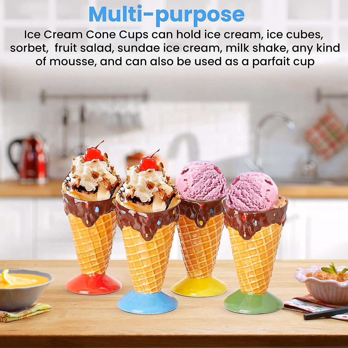 Kovot Ceramic Dessert & Ice Cream Cone Set - Includes 4 Ceramic Cones And 4 Metal Spoons