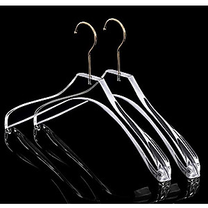 Quality Clear Acrylic Clothing Hangers – 2 Pack, Curved Stylish Clothes Hanger with Gold Hooks - Coat Hanger for Dress, Suit - Closet Organizer Adult Hangers - Heavy Duty Cloth Hangers (Gold Hook, 2)