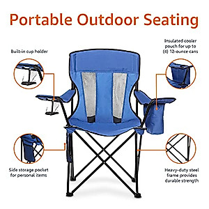Amazon Basics Portable Camping Chair with 4-Can Cooler, Side Pocket, Cup Holder, and Carry Bag, Collapsible for Camping, Tailgates, Beach, and Sports, Large, Mesh Back, Blue