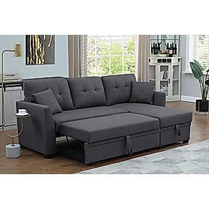 Payeel Sectional Sofa with Pull-Out Bed and Storage Chaise Lounge 81.5" Reversible Furniture Contemporary L-Shaped Fabric Sleeper Sofa for Living Room (Dark Gray)