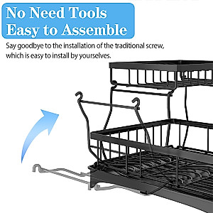 HHXRISE Dish Drying Rack, 2 Tier Large Dish Rack and Drainboard Set for Kitchen Counter, Dish Rack with Extra Drying Mat,Stainless Steel Dish Dryer with Detachable Cup Rack and Utensil Holder (Black)