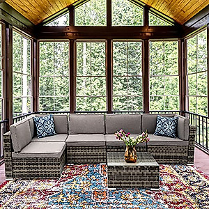 YITAHOME 6 Piece Outdoor Patio Furniture Sets, Garden Conversation Wicker Sofa Set, and Patio Sectional Furniture Sofa Set with Coffee Table and Cushion for Lawn, Backyard, and Poolside, Gray Gradient