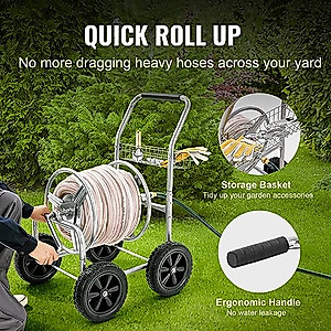 VEVOR Hose Reel Cart, Hold Up to 300 ft of 5/8’’ Hose, Garden Water Hose Carts Mobile Tools with 4 Wheels, Heavy Duty Powder-Coated Steel Outdoor Planting with Storage Basket, for Garden, Yard, Lawn
