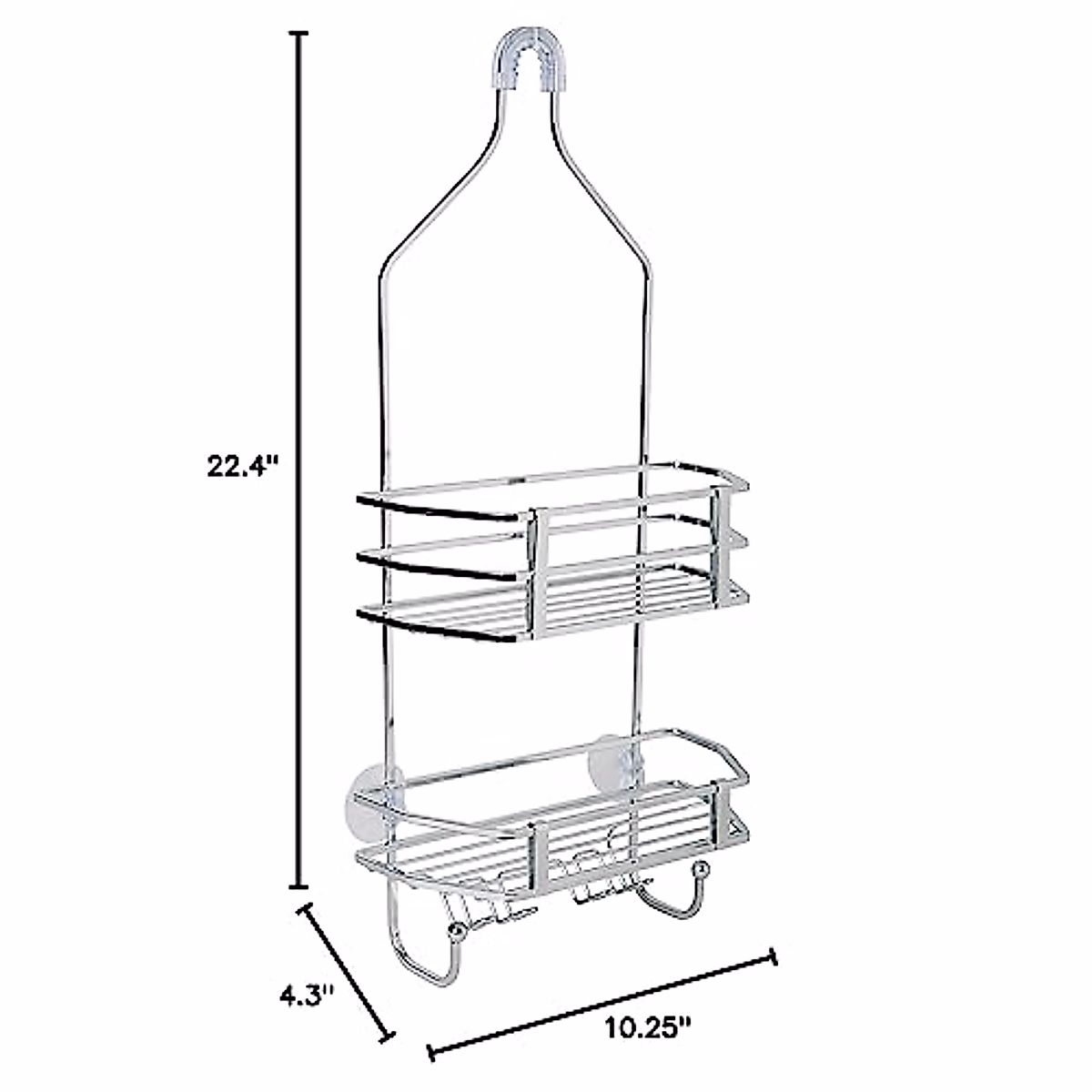 Bath Bliss Shower Head Caddy, Suction Cup Backing, 2 Tier Shelving & 6 Accessory Hooks, Chrome