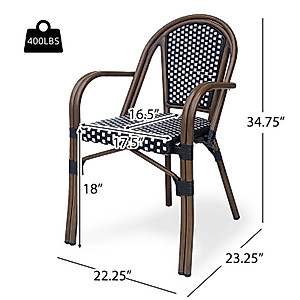 BKSFOAA French Bistro Chairs Set of 2 | Outdoor Hand-Woven Rattan Wicker Dining Armchair for Patio Porch Garden | Double Tube Aluminum Frame & Bamboo Print Finish | Black+White