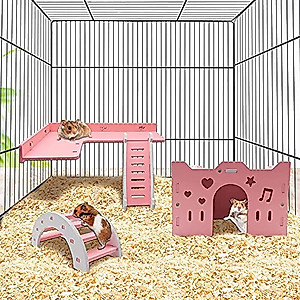 Hamster Platform with Climbing Ladder,Small Animal Wooden Natural Bridge Toy Guinea Pig Playground Cage Accessories for Hamster Guinea Pig Syrian Hamster Gerbil Dwarf Mouse Sugar Gliders 3 Pcs