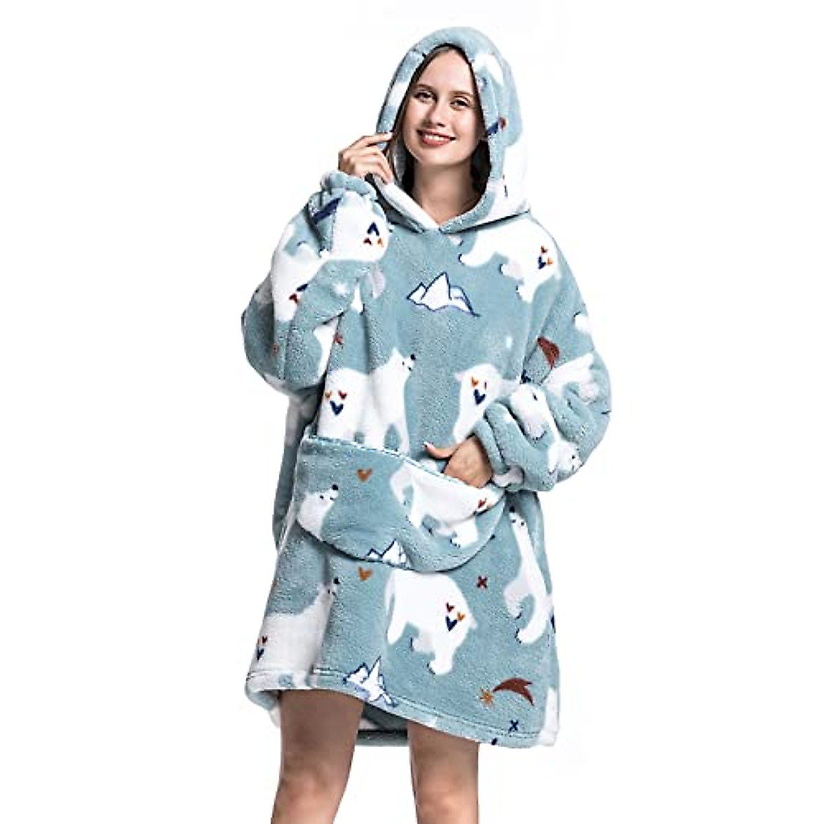Moinlizy Adult Wearable Blanket Hoodie for Women and Men,Oversized Sherpa Sweatshirt Flannel Hooded Blanket Giant Pocket,Polar Bear
