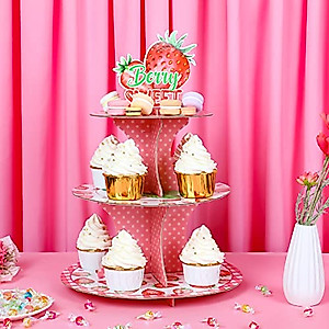 Strawberry Cupcake Stand - Berry Sweet Birthday Party Decorations, 3 Tier Round Strawberry Themed Dessert Tower Stand, Cupcake Holder Stand for Sweet One Birthday Party Decorations