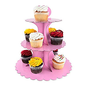 3 Tier Cupcake Cardboard Stand with Blank Canvas Design for Pastry Servings Platter, Birthdays, Dessert Tower Decorations (1 Stand) (Pink)