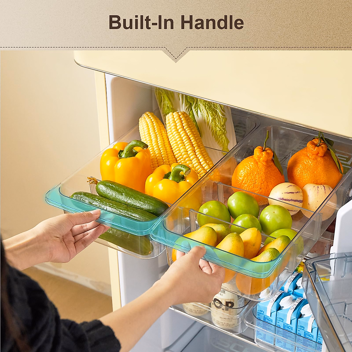 Ynelyase Clear Refrigerator Organizer Bins Plastic for Pantry Freezer Drawer Storage with Wheels and Adjustable Dividers Caddy (7.6" Wide, 2 Pack)