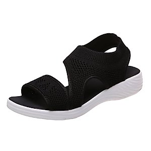Women's Sandals Slip On Elastic Knit Upper Breathable Casual Wedges, Wide Width Sneaker Sandals for Women, Non-Slip Fitness Running Sports Shoes, Open Toe Comfortable Walking Fashion Summer