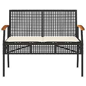 MINERWALL Patio Bench with Cushion Black Poly Rattan Acacia Wood,Comfortable Patio Bench with Padded Cushion and Durable Rattan Frame for Outdoor Use Patio Benches, Outdoor Furniture, Outdoor Benches