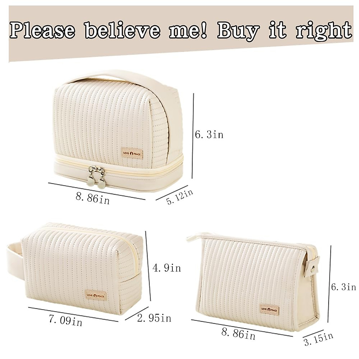 Cute Cosmetic Bag Makeup Bag Set of 3 Travel Toiletry Bag Women Cosmetic Bag Organizer Waterproof Leather Cosmetic Bag Set With Handle Zipper Cosmetic Bag On-the-Go Cosmetic Bag(Off-white color)