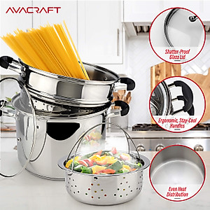 AVACRAFT 18/10 Stainless Steel, 4 Piece Pasta Pot with Strainer Insert, Stock Pot with Steamer Basket and Pasta Pot Insert, Pasta Cooker Set with Glass Lid, 7 Quart