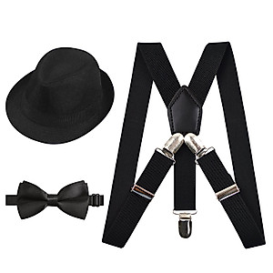 Alizeal 2.5cm Elastic 3 Clip Suspender and Bow Tie Set with Hat for Kids, Black