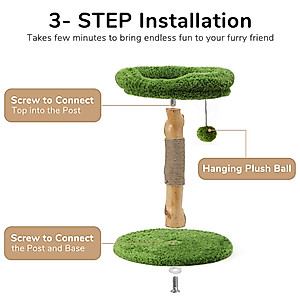 Cat Scratching Post, 20" Plant Style Kitten Scratcher, FUKUMARU Solid Wood Cat Post with Bed, Small Cat Tower Tree with Natural Jute Rope for Indoor Kitten & Cats