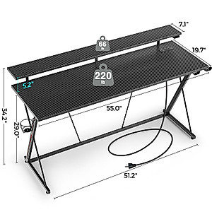 SEVEN WARRIOR Gaming Desk with LED Lights & Power Outlets, 55" Computer Desk with Monitor Shelf, Home Office Desk with Cup Holder and Headphone Hook, Ergonomic, Carbon Fiber Surface Black