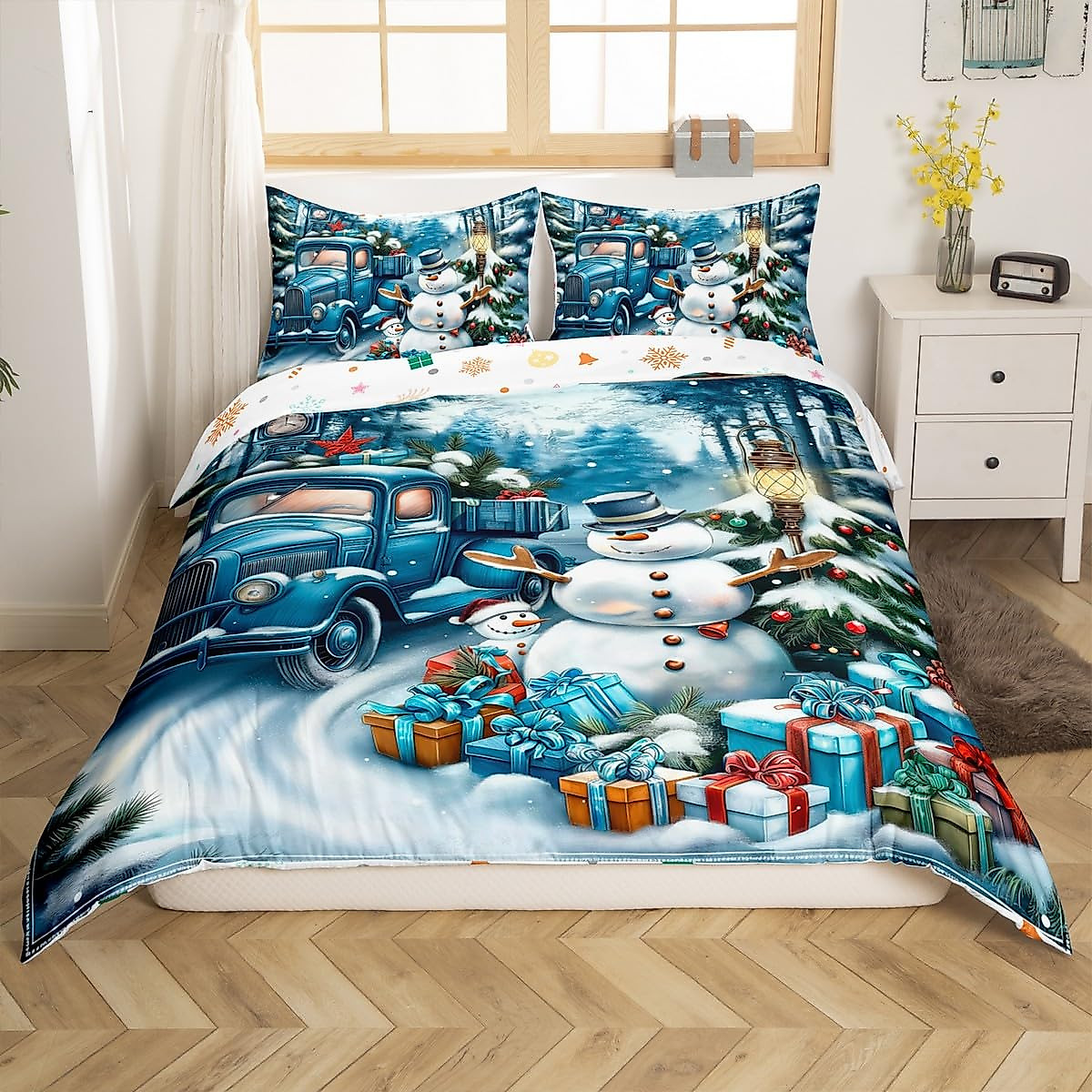 Manfei Christmas Duvet Cover,Snowy Trailer Truck Xmas Gifts Quilt Cover(No Filler),Winter Snowman Pine Trees Romantic Blue White Bedding Set with 2 Pillowcases,Teens Room Decor,Queen Size