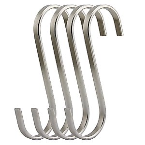 RuiLing Premium 4-Pack Size Extra Large Brushed Stainless S Hooks Kitchen Pot Pan Hanger Clothes Storage Rack, XXL/Flat, Metal