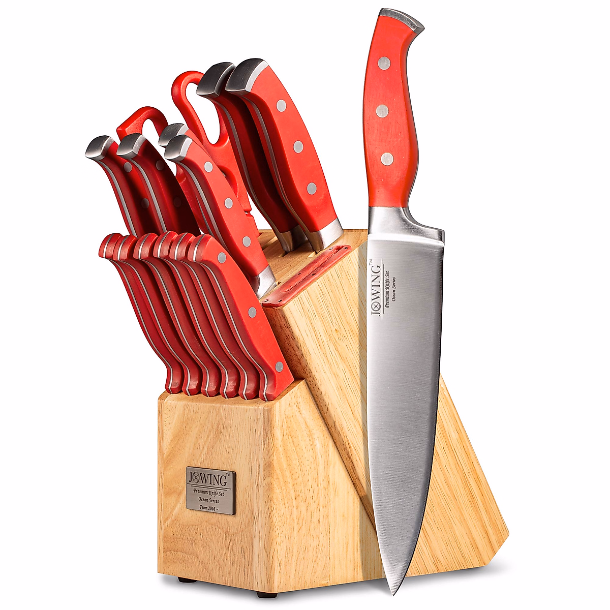 JXWING Professional 15-Piece German High Carbon Stainless Steel Kitchen Knife Set, Ocean Series Premium Forged Full Tang Chef Knives Set with Rubber Wood Block, Red