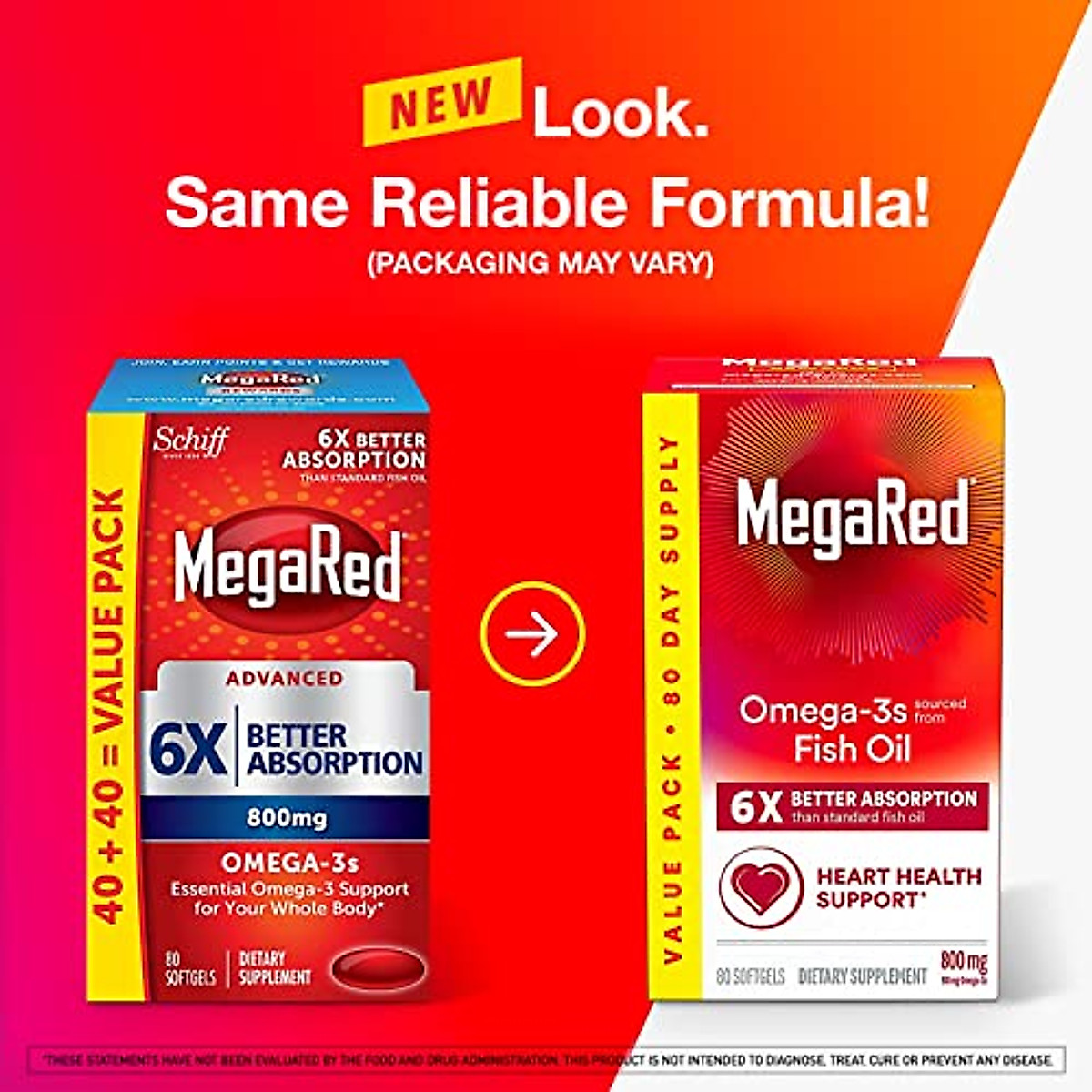 MegaRed Omega 3 Fish Oil Supplement 800mg (per Serving), Advanced 6X Absorption EPA & DHA Omega 3 Fatty Acid Softgels (80cnt Box), Phopholipids, Supports Brain Eye Joint & Heart Health