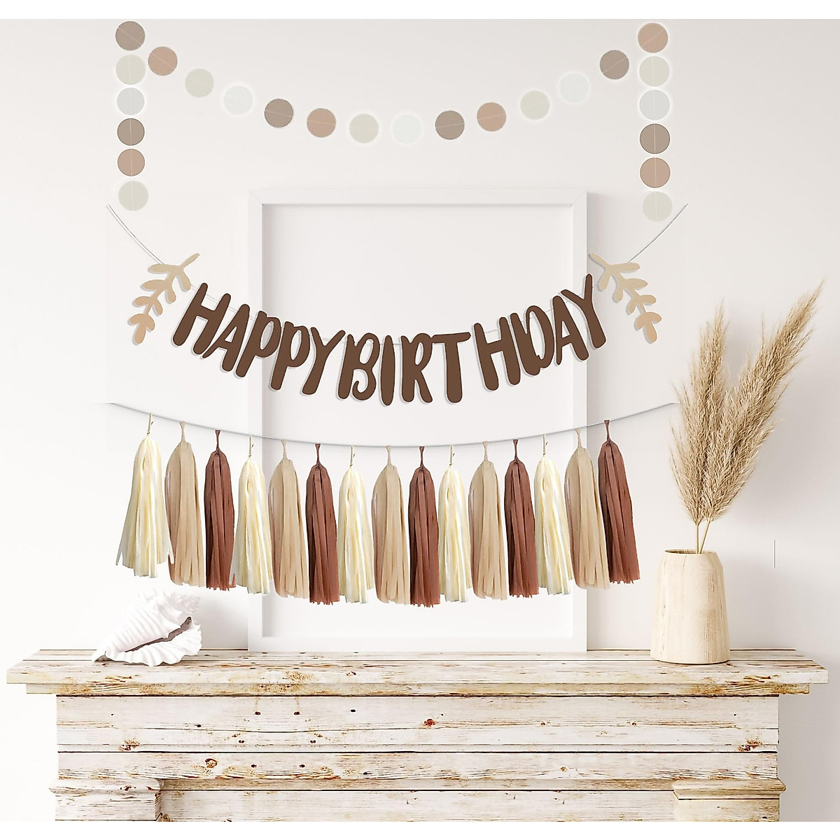 Brown Tan Boho Happy Bithday Sign Banner Gender Neutral Beige Party Tassel Garland Nude Circle Dot Hanging Paper Streamers Backdrop Teddy Bear 1st 2nd Birthday Party Nursery Décor