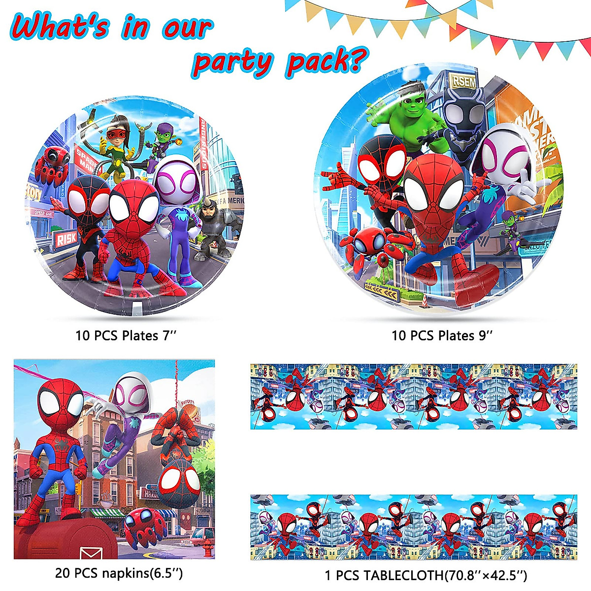 Eazyco Spidey and His Amazing Friends Balloon, 1 Tablecover, 20 Plates, 20 Napkins, Unisex, Birthday Party Supplies