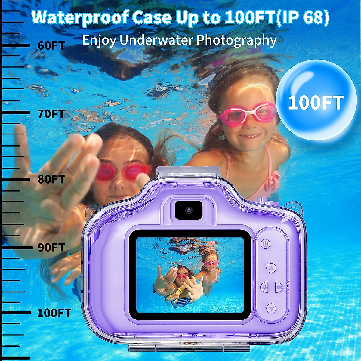 OZMI Gifts for 3 4 5 6 7 8 9 Year Old Girls Boys, Kids Selfie Underwater Waterproof Camera, Christmas Birthday Gifts for Toddler, Children Action Video Recorder Camera with 32GB SD Card, Purple