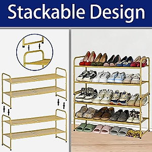 SUFAUY 2-Tier Shoe Rack, Stackable Shoe Shelf Storage Organizer for Entryway Closet, Metal Mesh, Gold