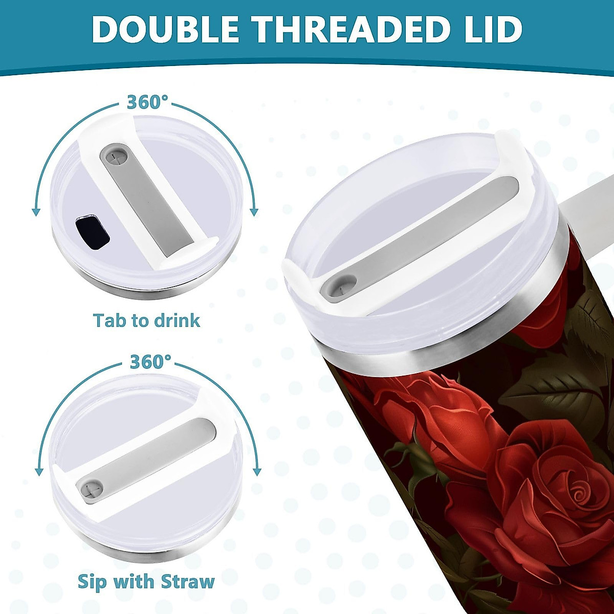 ALAZA Dark Red Rose Flowers 40 oz Tumbler Stainless Steel Water Bottle Vacuum Insulated Cup with Straw Lid & Handle For Travel Car Cup Holder