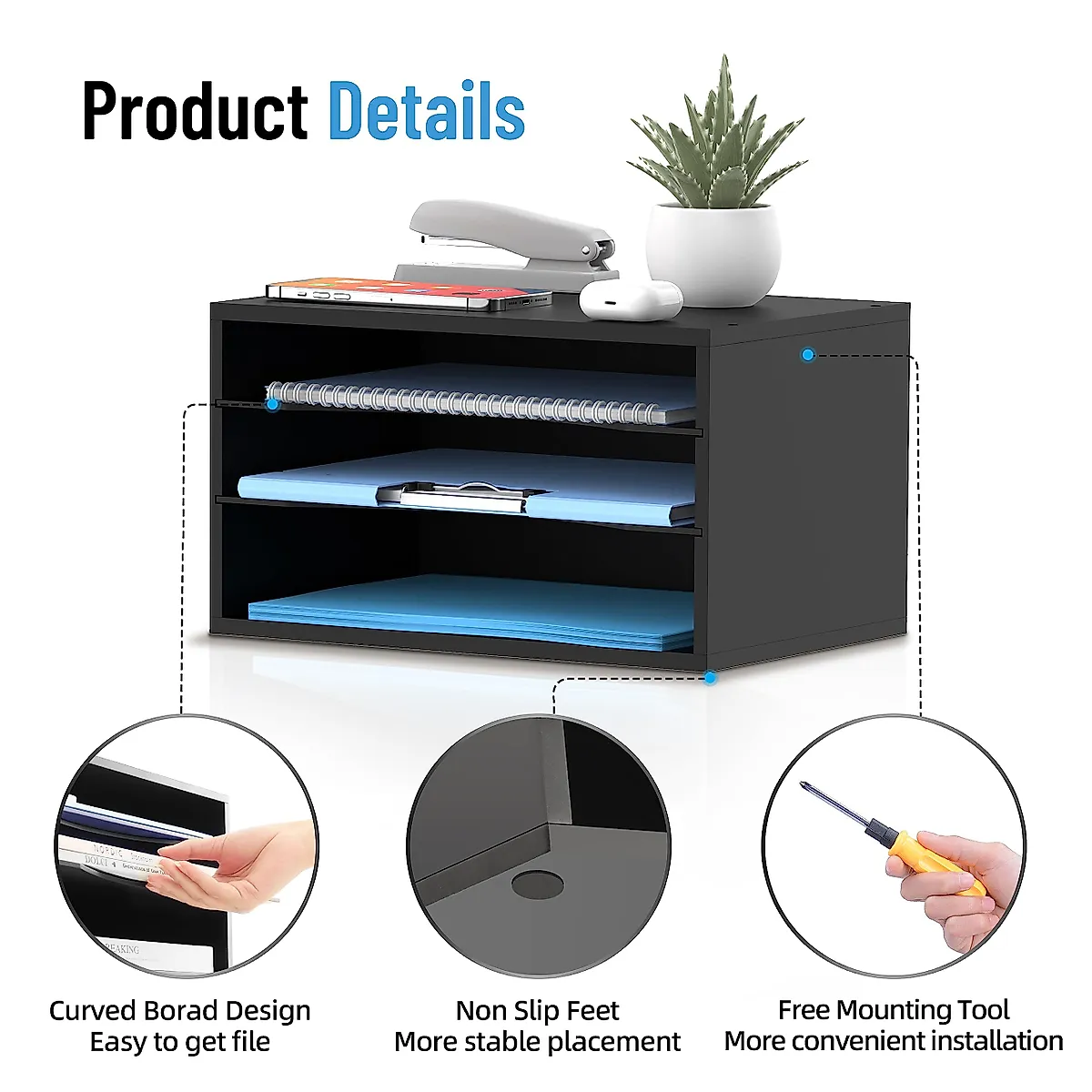 SHARKWOODS 3-Tier Paper Organizer for Desk, Wood Desktop Organizer with Adjustable Letter Tray, Mail Sorter for Office School & Home, Black