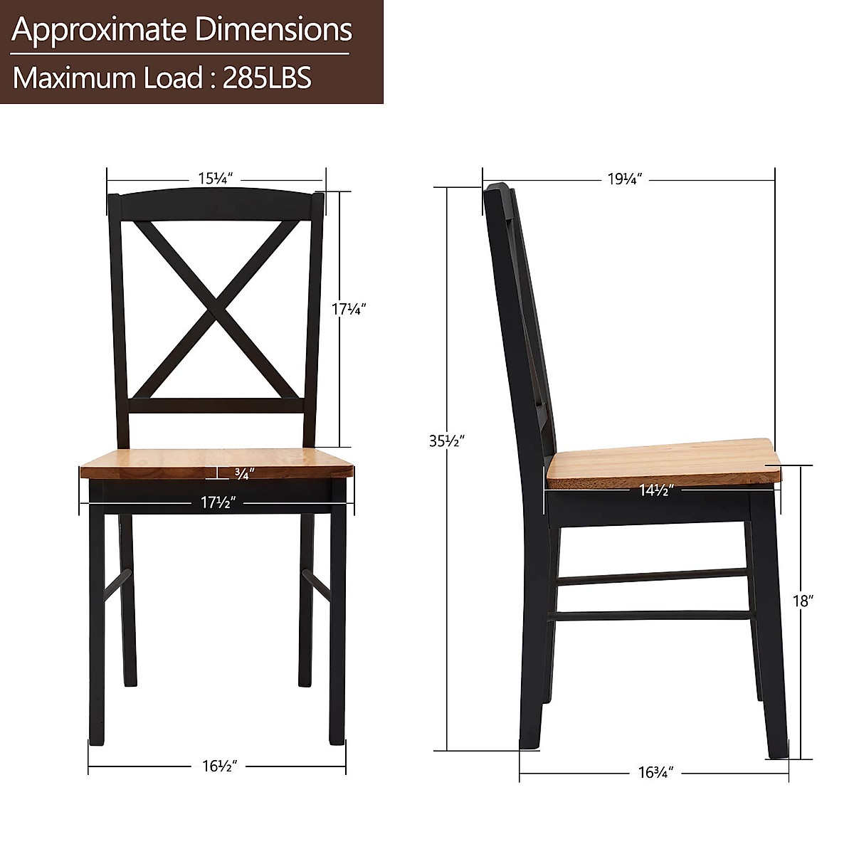 DUHOME Dining Chairs Set of 2 Wood Dining Room Chair with Cross Back, Kitchen Room Chair Side Chairs Nature Seat Black Base