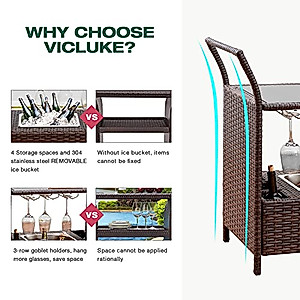 Vicluke Outdoor Wicker Bar Cart with Removable Ice Bucket, Rattan Bar Serving Cart with Glass Holder and Wheels, Beverage Cart with Glass Countertop for Pool, Party, Backyard