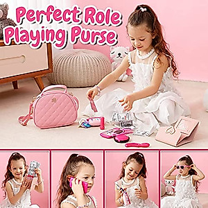 Peertoys Kids Makeup Kit Girls Purse - Cute Pretend Cosmetics Mini Bag Toy Cell Phone Wallet Money Credit Card Accessories Kit Gifts Baby Girl Princess Toddler Ages 3,4,5,6,7,8,9,10,11,12 Years Old