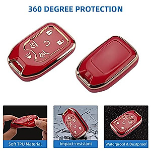 Jimtyee for GMC Key Fob Cover with Leather Lanyard Keychain Key Fob Case Shell Protection for Chevy Silverado Tahoe Suburban GMC Sierra Yukon Smart Remote Key Protector(Red)