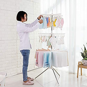 Hershii 3 Tiers Collapsible Clothes Drying Rack Folding Tripod Laundry Garment Storage Hanger Organizer Indoor Outdoor Space Saver with 48 Clips & 16 Towels Bars - Ivory