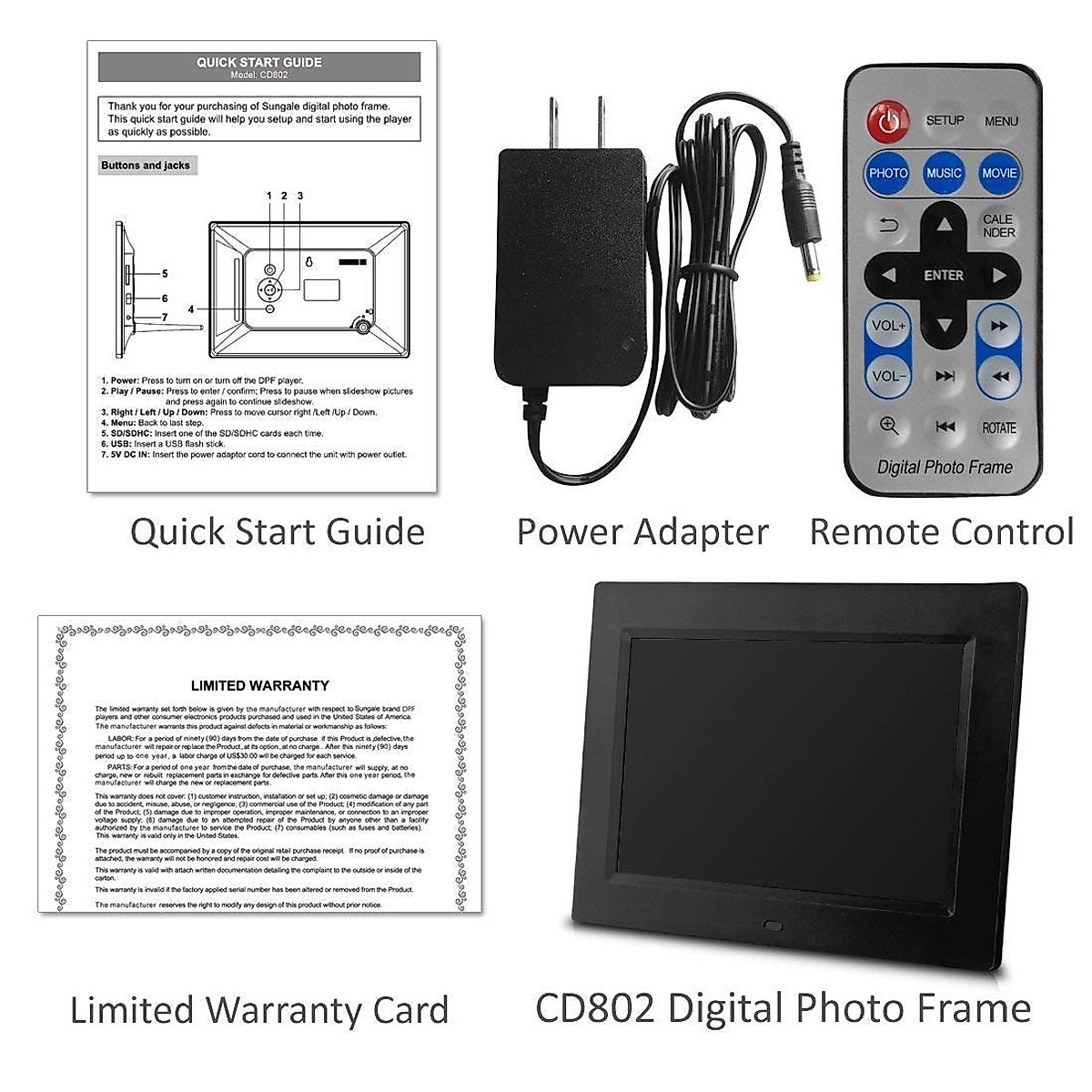 8 inch Digital Photo Frame & Multimedia Player - Display Videos & Photos & Set Music to Play. Includes 4GB Internal Storage, SD Card & USB Connections, & a Variety of Transition Effects