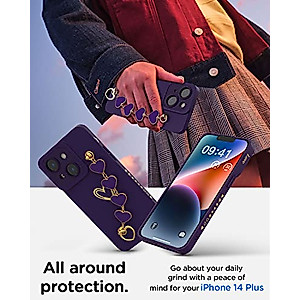 AICase iPhone 14 Plus Case for Women with Full Camera Lens Protection and Hand Strip Loop, Silicone Heart Girly Cute Side Soft Slim Shockproof Protective Cover for iPhone 14 Plus 6.7 inch_Purple