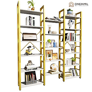oneinmil Triple Wide 6-Shelf Bookcase Industrial Vintage Wood Style Large Open Bookshelves for Home&Office, Rustic Brown (6 Tier, White/Gold)